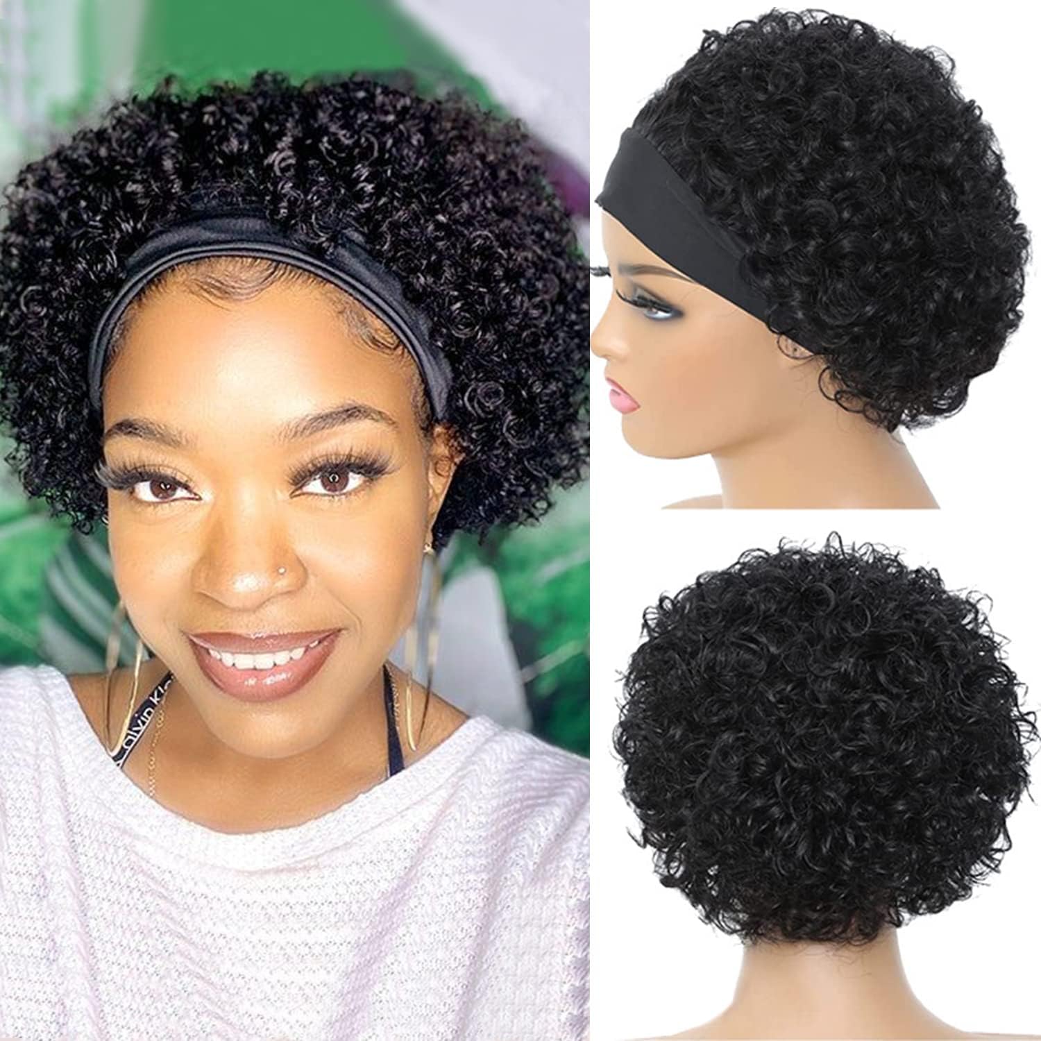 6 Inch Short Curly Headband Wig Human Hair Brazilian Curly Wig Headwrap ...