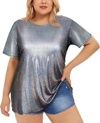 RITERA Plus Size Shiny Tops For Women Metallic Holographic Shirt Party ...