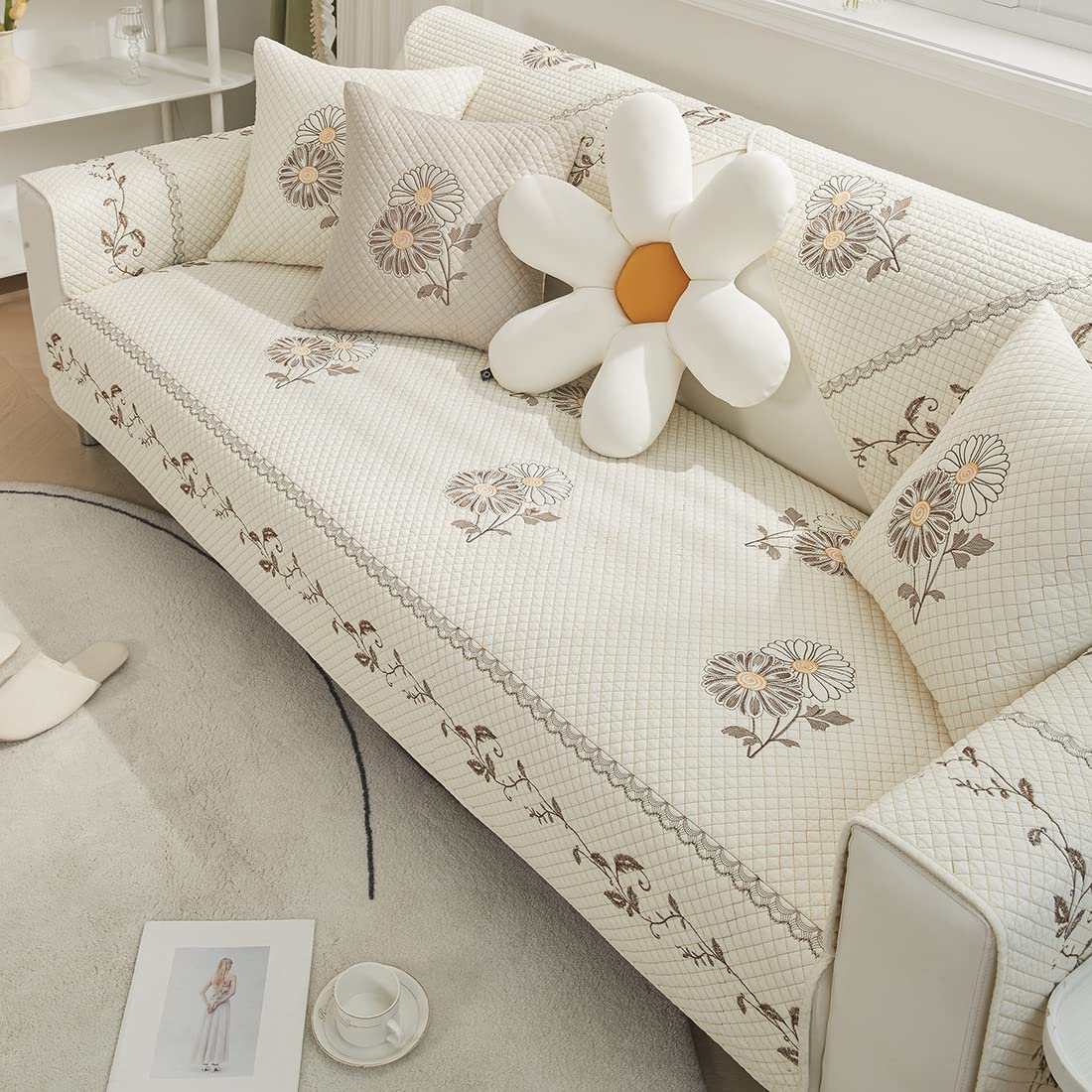 Amazon.com: vctops Farmhouse Floral Embroidery Sofa Cover Cotton ...