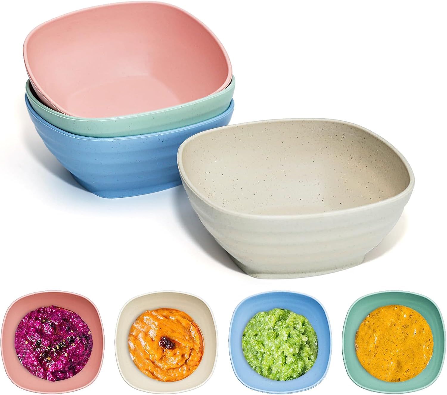 Amazon.com: DAPIPIK 4 Pack 5.4 inch Square Wheat Straw Kitchen Bowls ...
