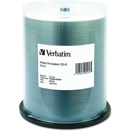 Amazon.com: Verbatim CD-R 700MB 52X Silver Inkjet Printable Recordable ...