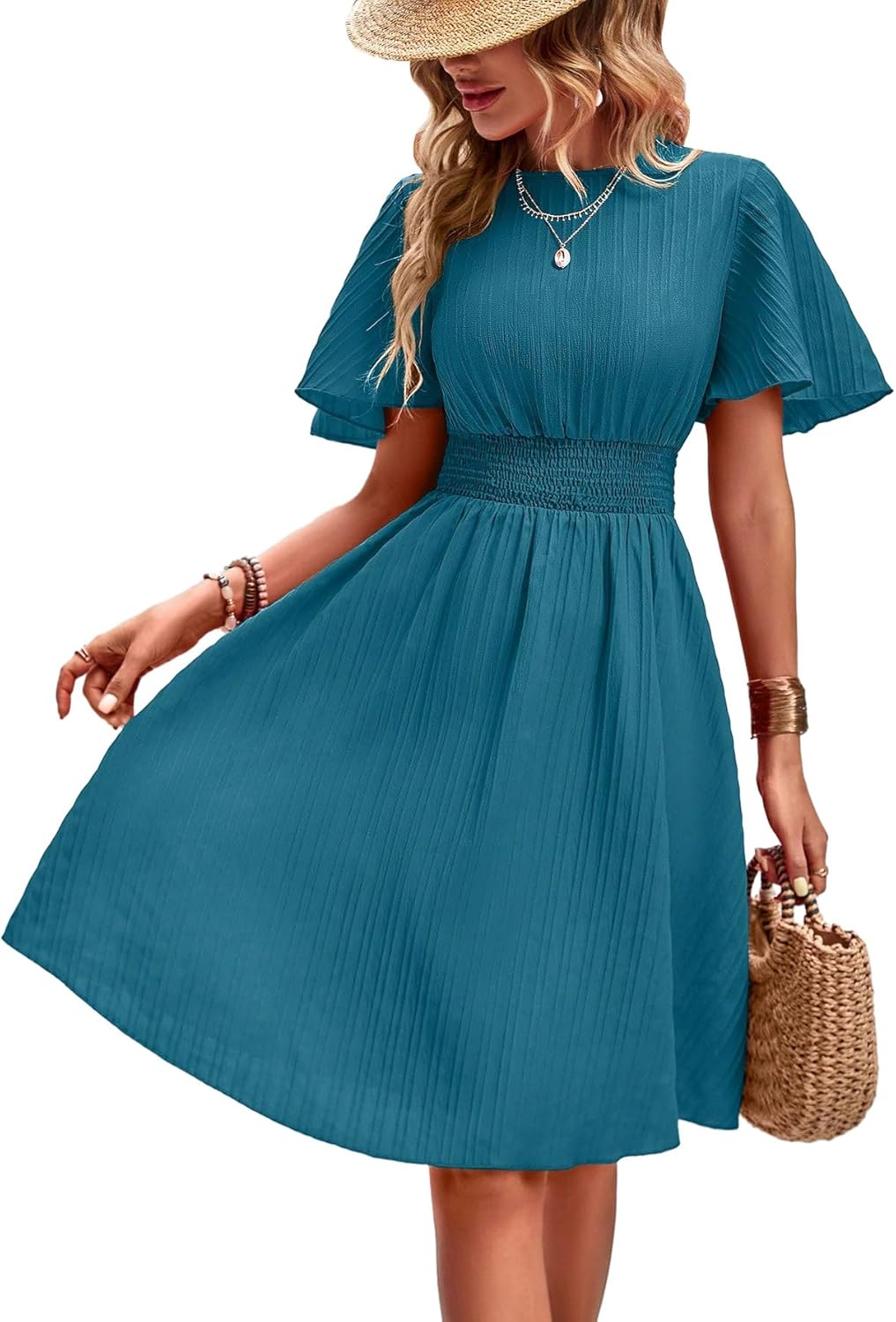 Floerns Women's Flounce Short Sleeve Crewneck Shirred Casual A Line ...