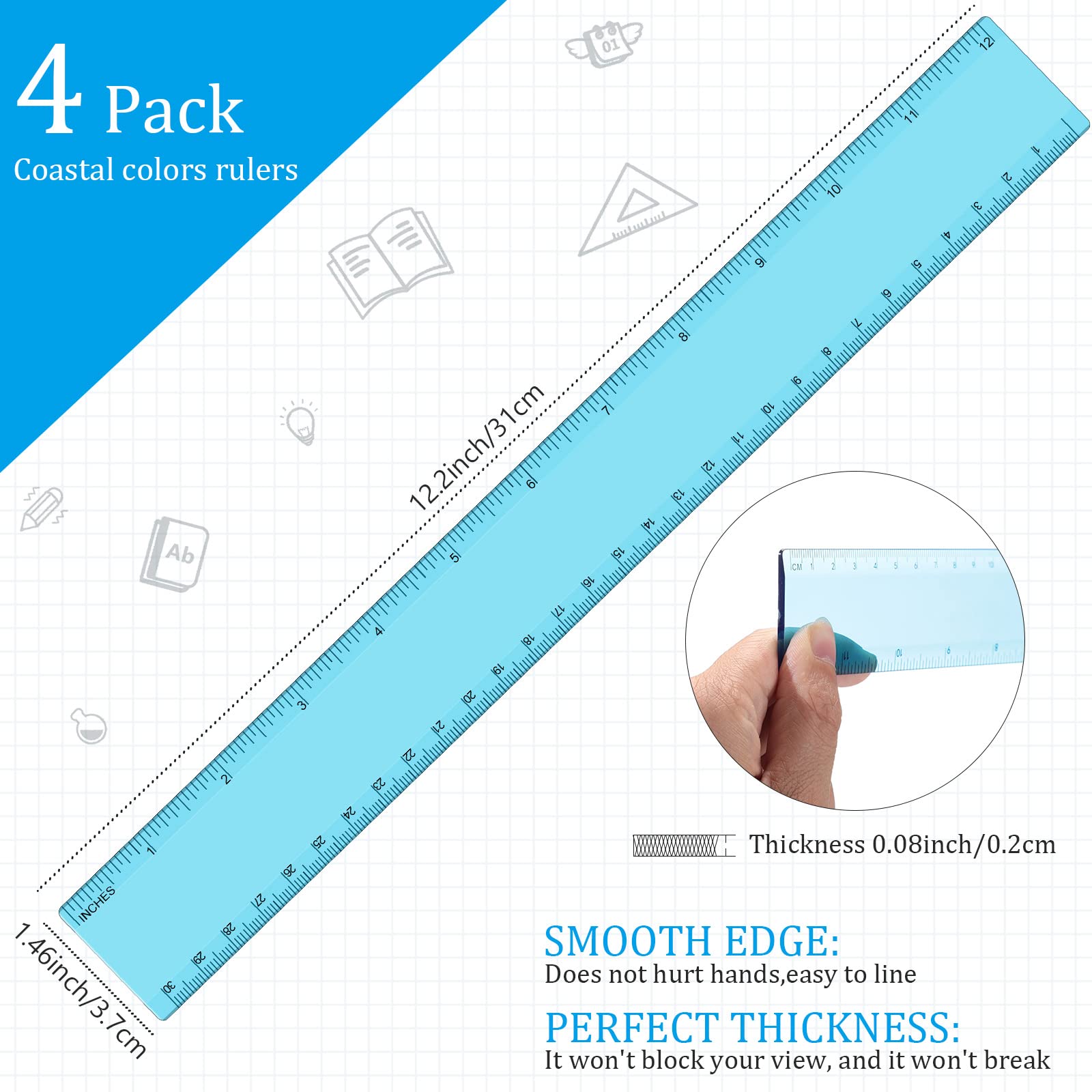 Snapklik.com : 4 Pack Plastic Straight Rulers 12 Inch Coastal Colors ...