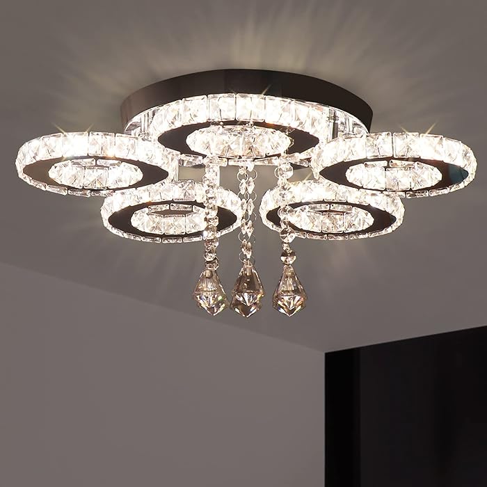 Buy Crystal Chandelier for Living Room, LED Ceiling Light with 5 Rings ...