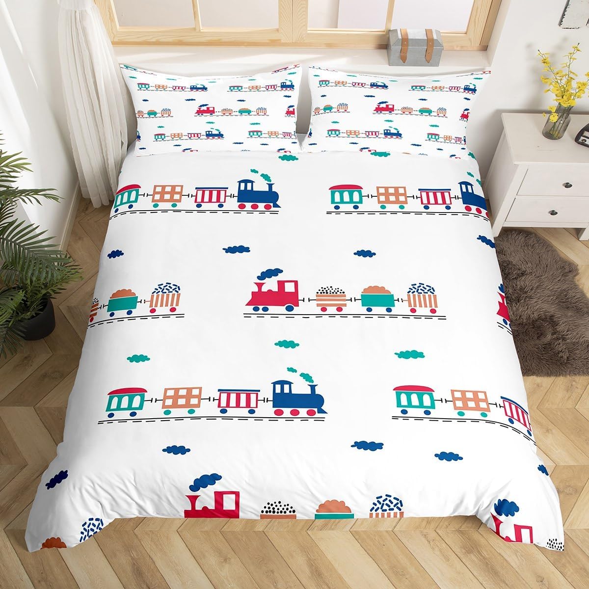 Amazon.com: Cartoon Car Bedding Set Kids Train Duvet Cover Set Twin ...