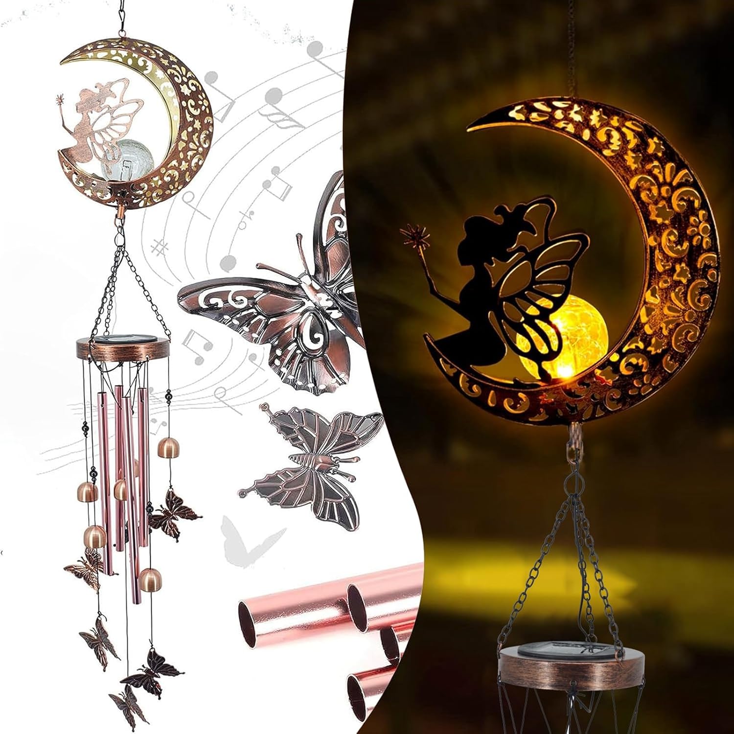 Amazon.com: Butterfly Fairy Moon Cracked Glass Ball Wind Chime ...