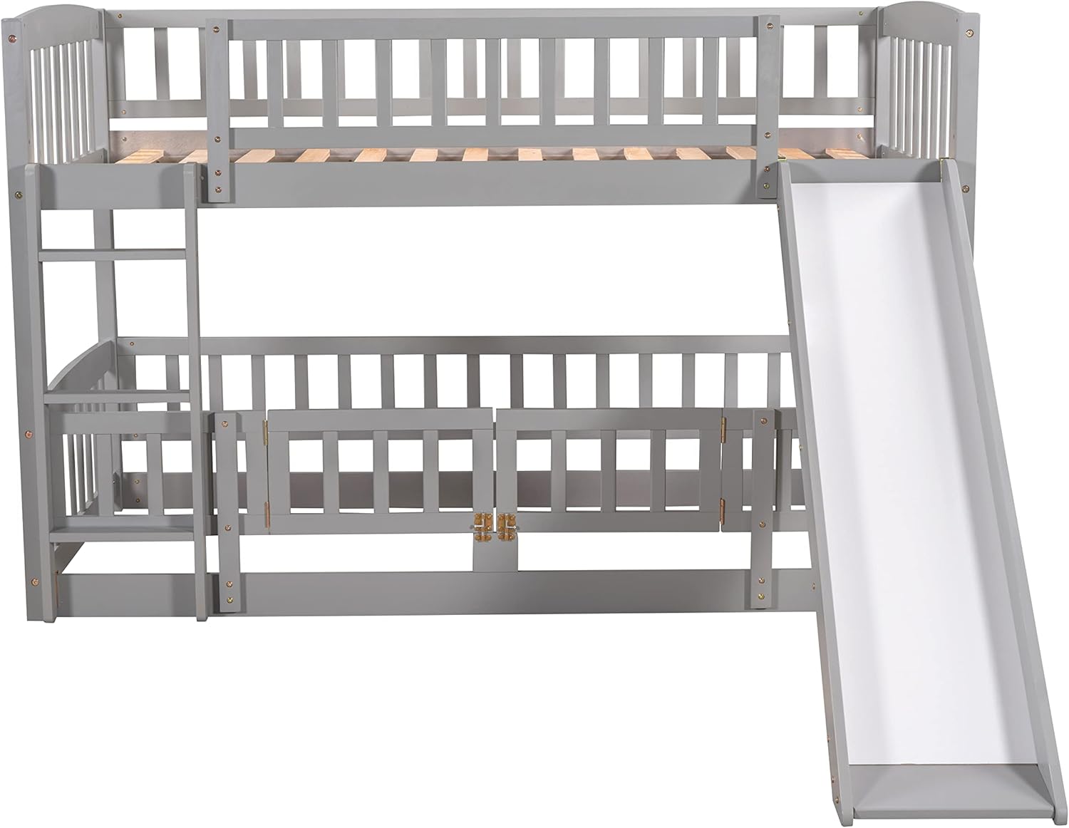 Buy Twin Over Twin Low Bunk Bed with Door Openable Fence, Versatile ...