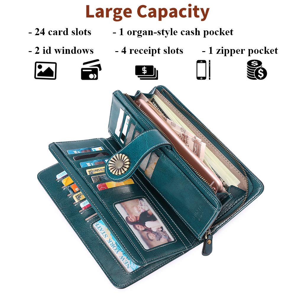 KELEEL Women's RFID Blocking Wallet Genuine Leather Clutch Wallet Card ...