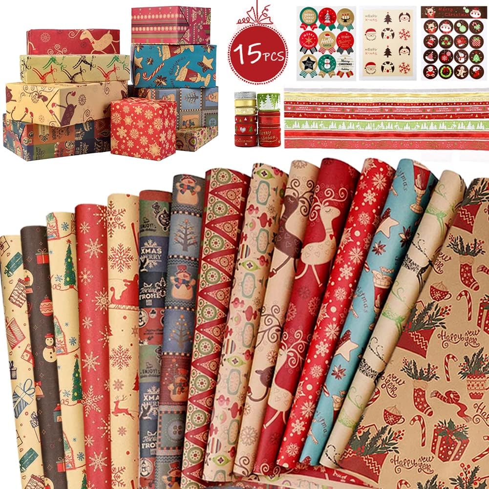 OEMG 15 Christmas Wrapping Paper Large Sheets Eco Recyclable Gift Wrap ...