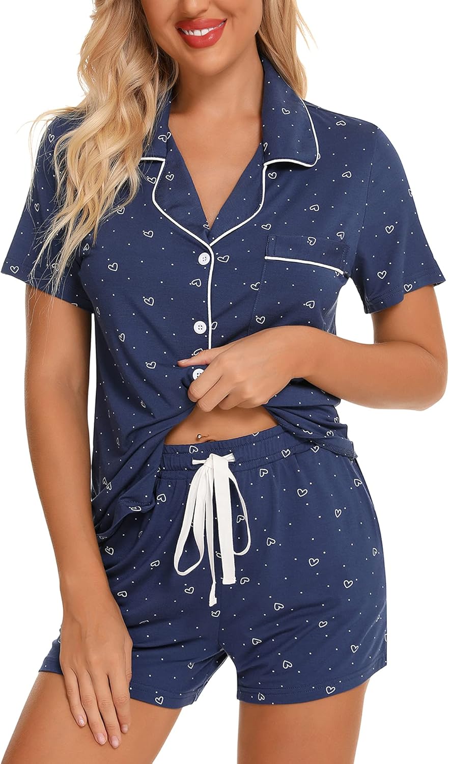 Samring Women's Button Down Pajama Set V-Neck Short Sleeve Sleepwear ...
