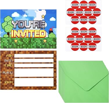 Amazon.com: SAVITA 20pcs Pixel Theme Birthday Party Invitations, Video ...