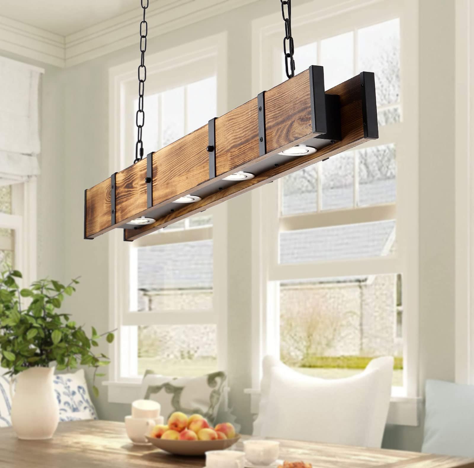 Rectangle Wood Farmhouse Chandelier, 4 Light Kitchen Island Lighting ...