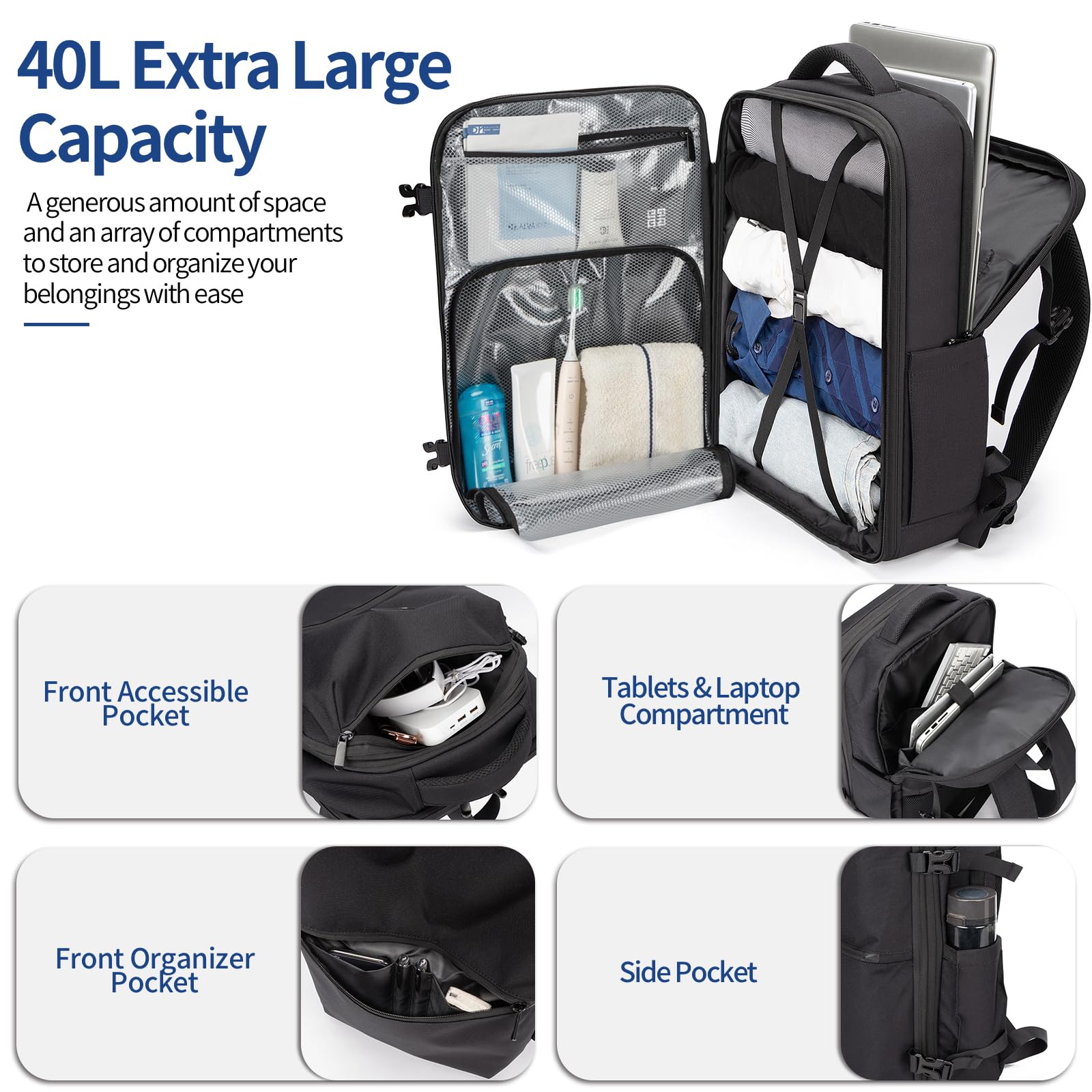 RDTGO Travel Backpack for Men Women, 40L Flight Approved Carry on ...