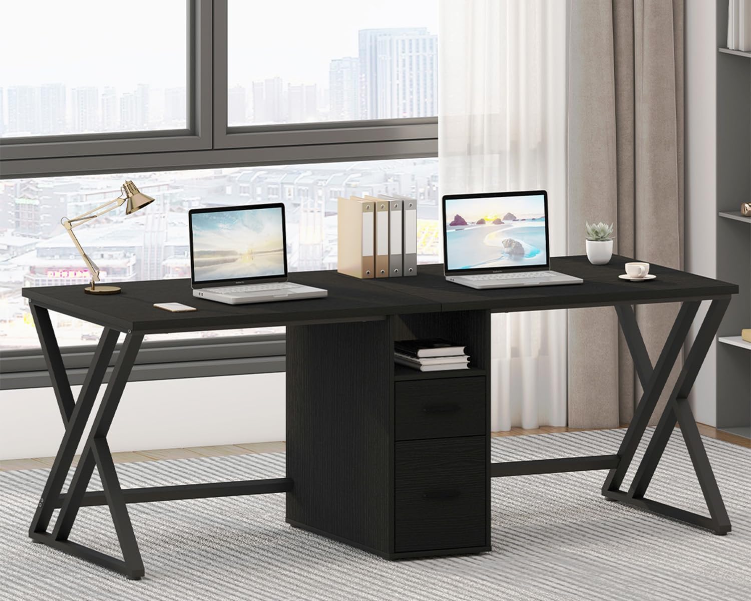 Amazon.com: LVB Extra Long Two Person Desk, Large Black Computer Desk ...