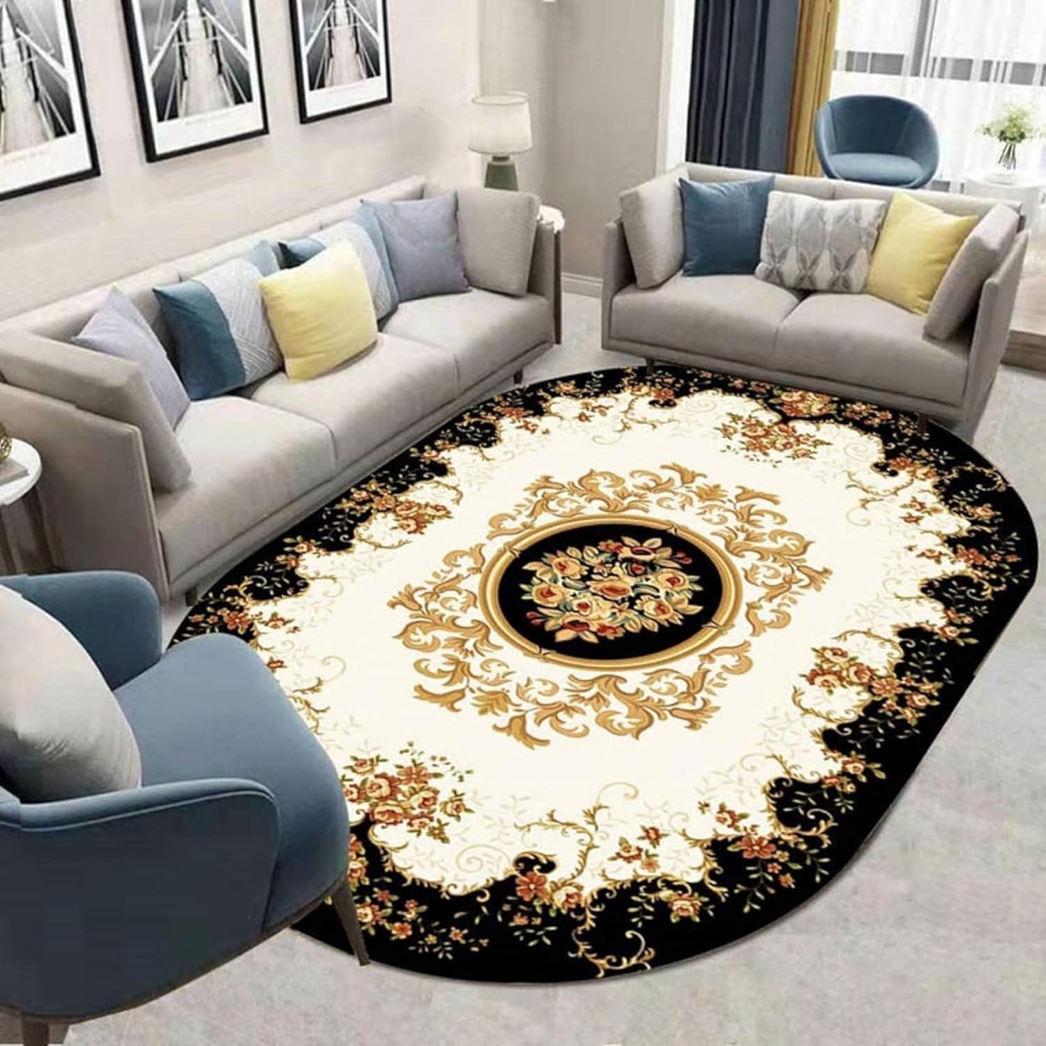 Amazon.co.jp: Carpet, Elliptical Rug, Stylish, Floral Pattern, Ethnic ...