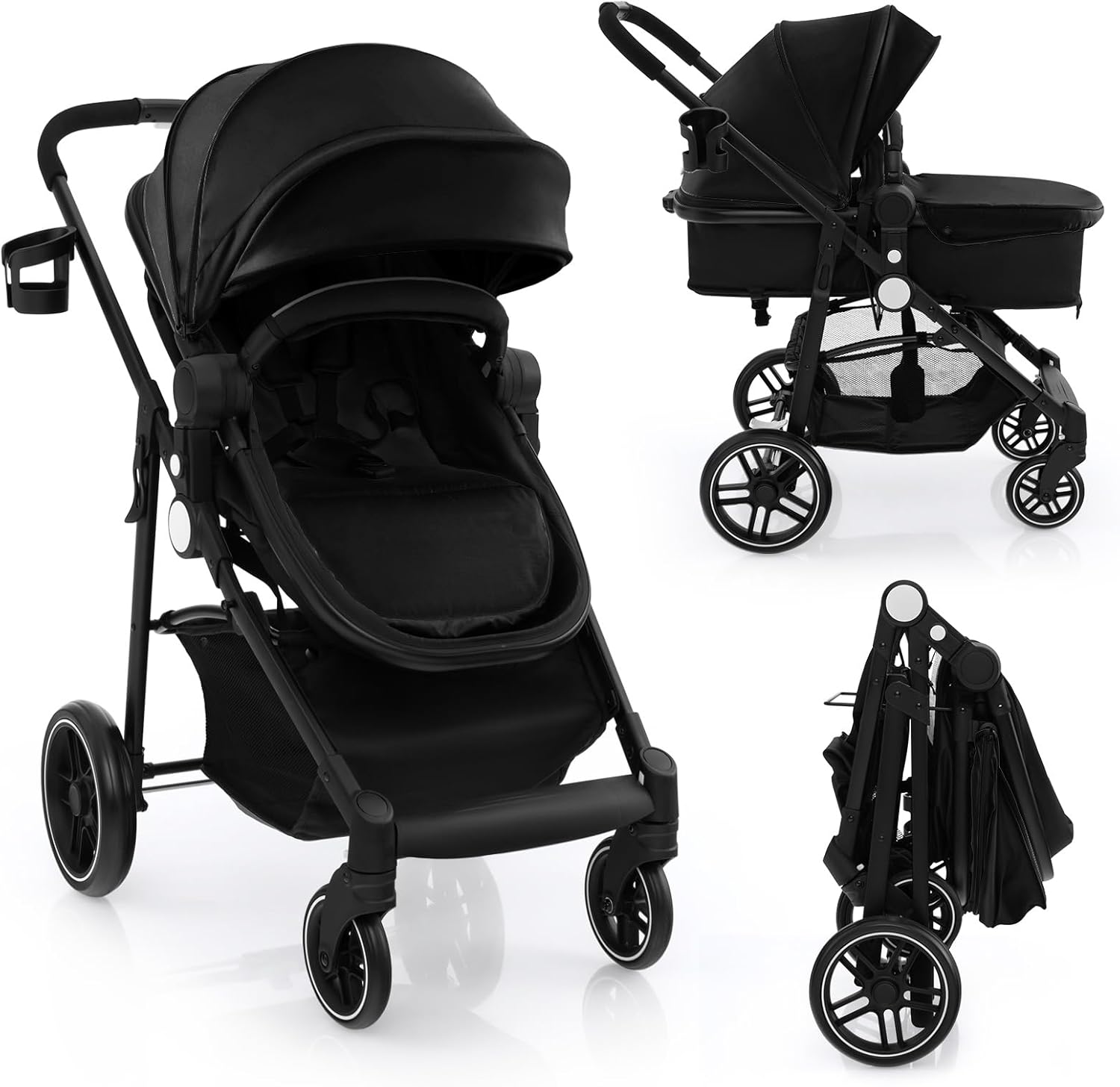 COSTWAY 2 in 1 Baby Pushchair, Foldable Travel System Pram with ...