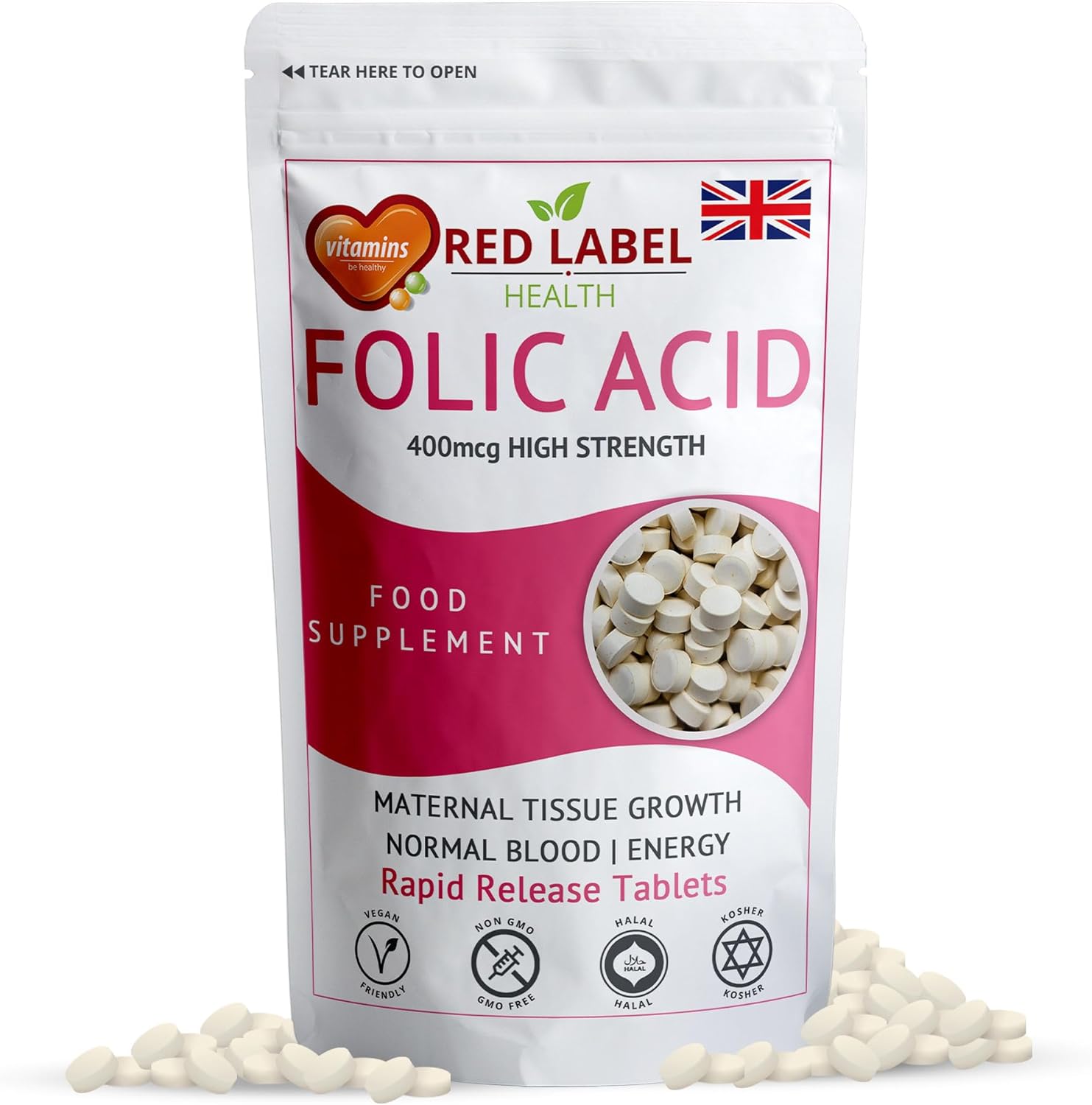 Red Label Health Folic Acid 400 mcg Tablets, 365 Vitamin B9 Tablets (1 ...