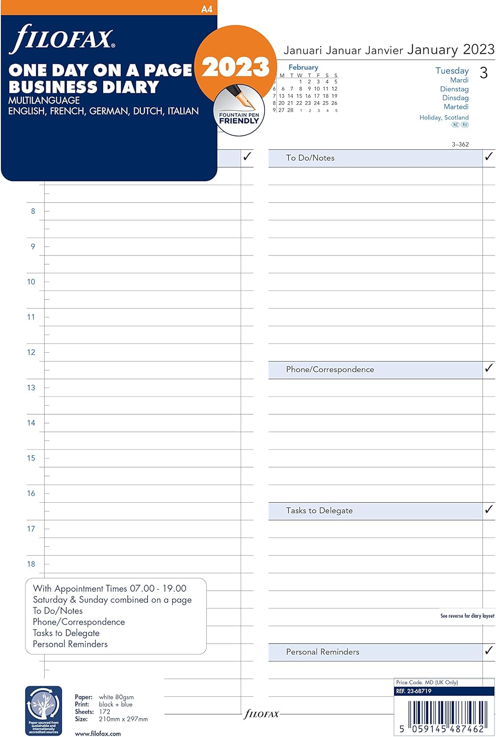 Filofax A4 Day per Page 5 Language appointments Diary - 2023 : Amazon ...