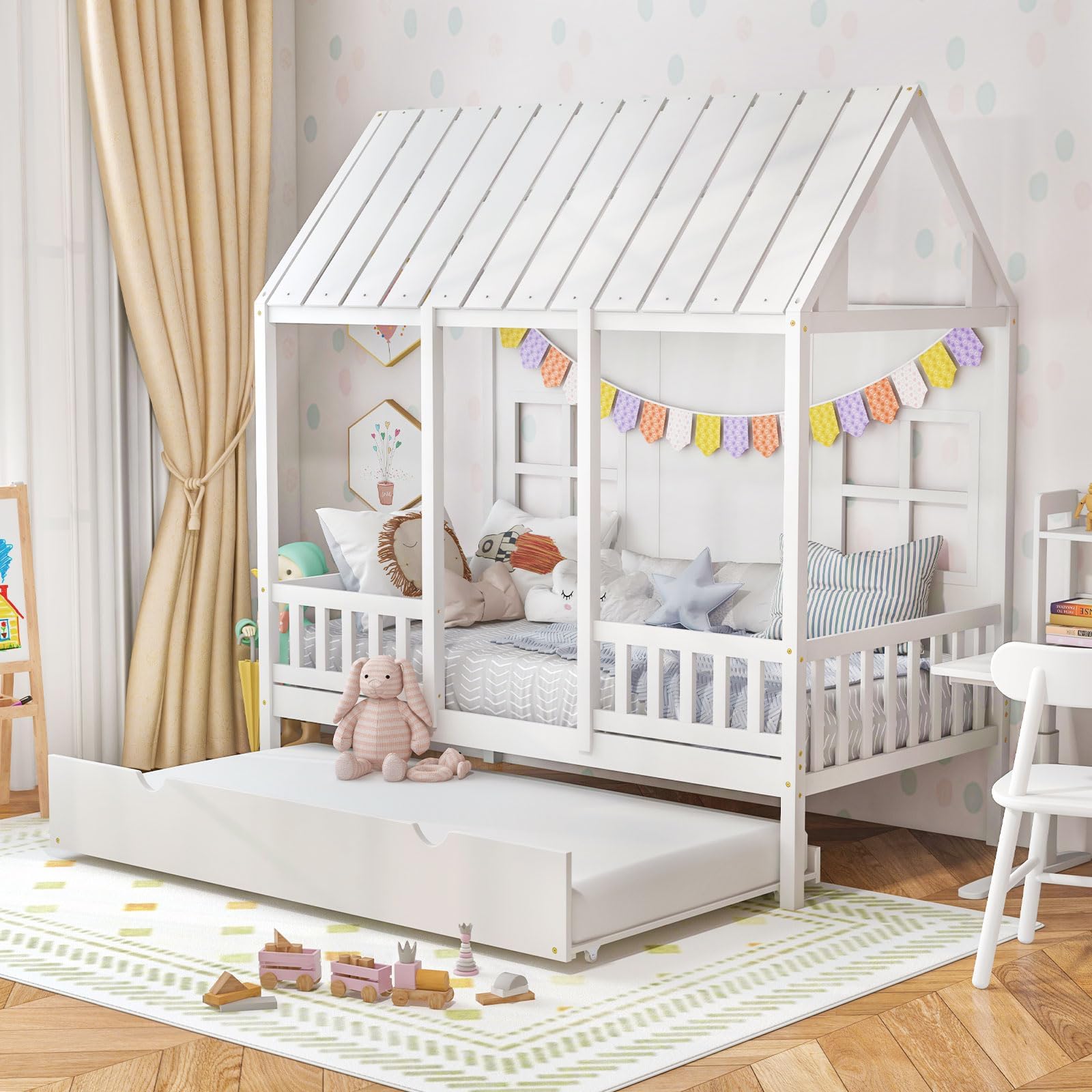Amazon.com: Giantex Twin House Bed with Trundle, Kids Bed Frame with 82 ...