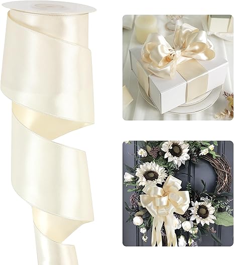 Amazon.com: HUIHUANG Cream Satin Wired Ribbon 2-1/2", Cream Wire Edge ...