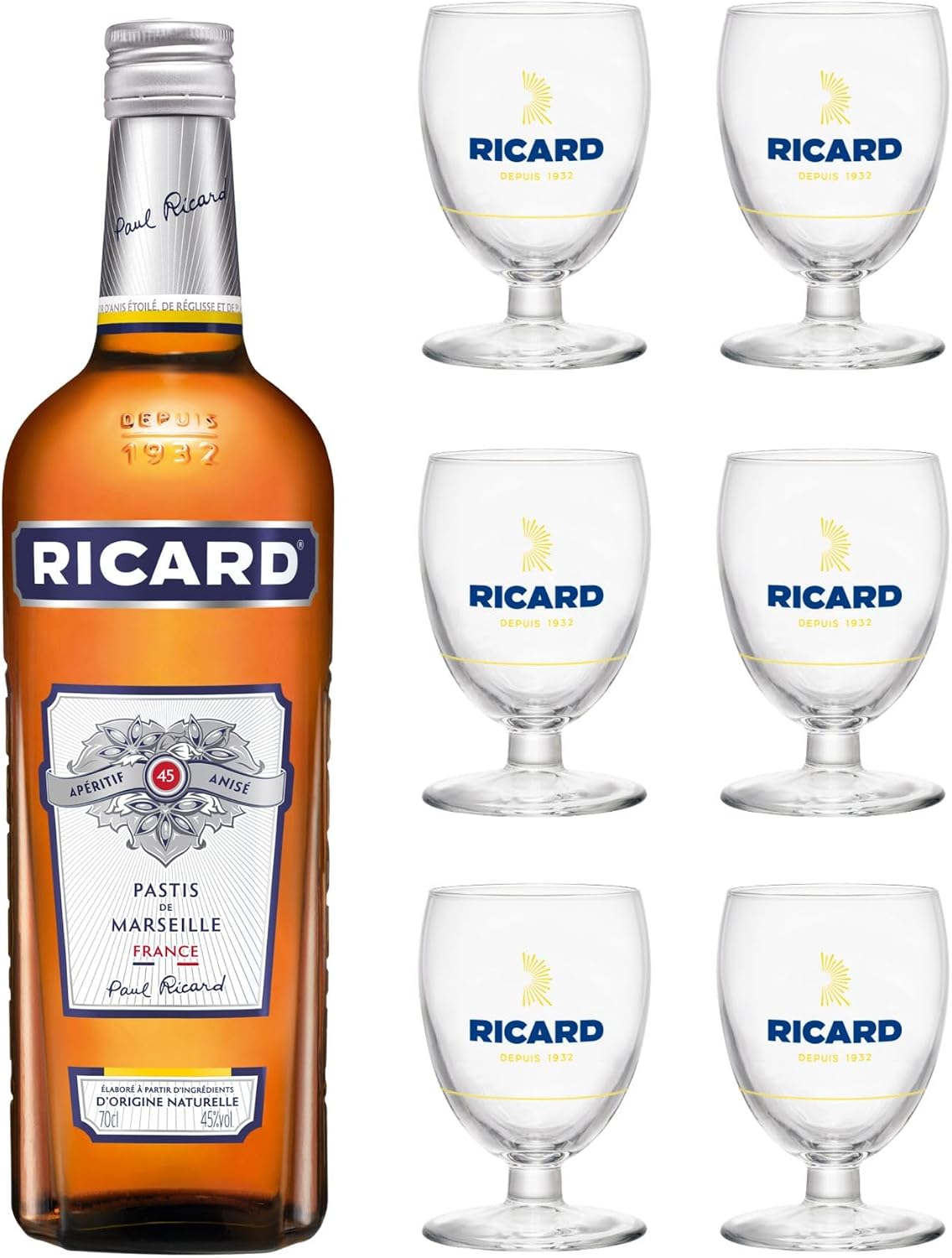 RICARD Pack Pastis de Marseille + 6 verres Apéritif anisé - 45%, 70cl ...