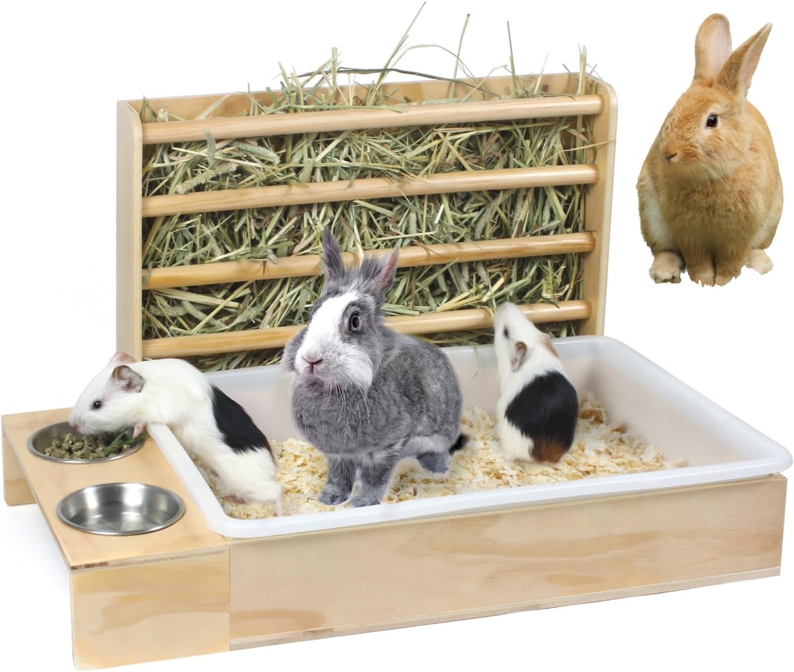 Amazon.com : 3 in 1 Rabbit Litter Box with Hay Feeder，Wooden Rabbit Hay ...