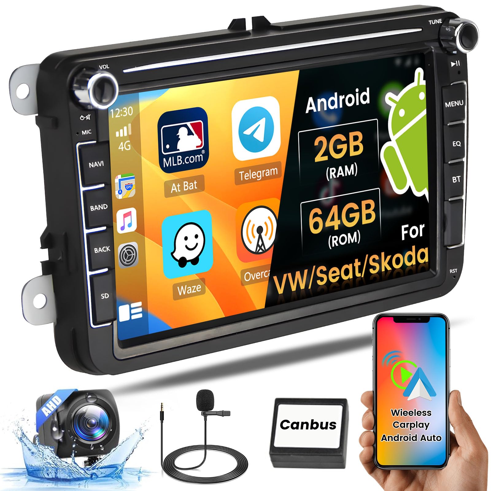 [2+64G] Hikity 8 Inch Android Car Stereo for VW Seat Skoda Golf 5 Golf 6 Polo T5 Tiguan Caddy ...