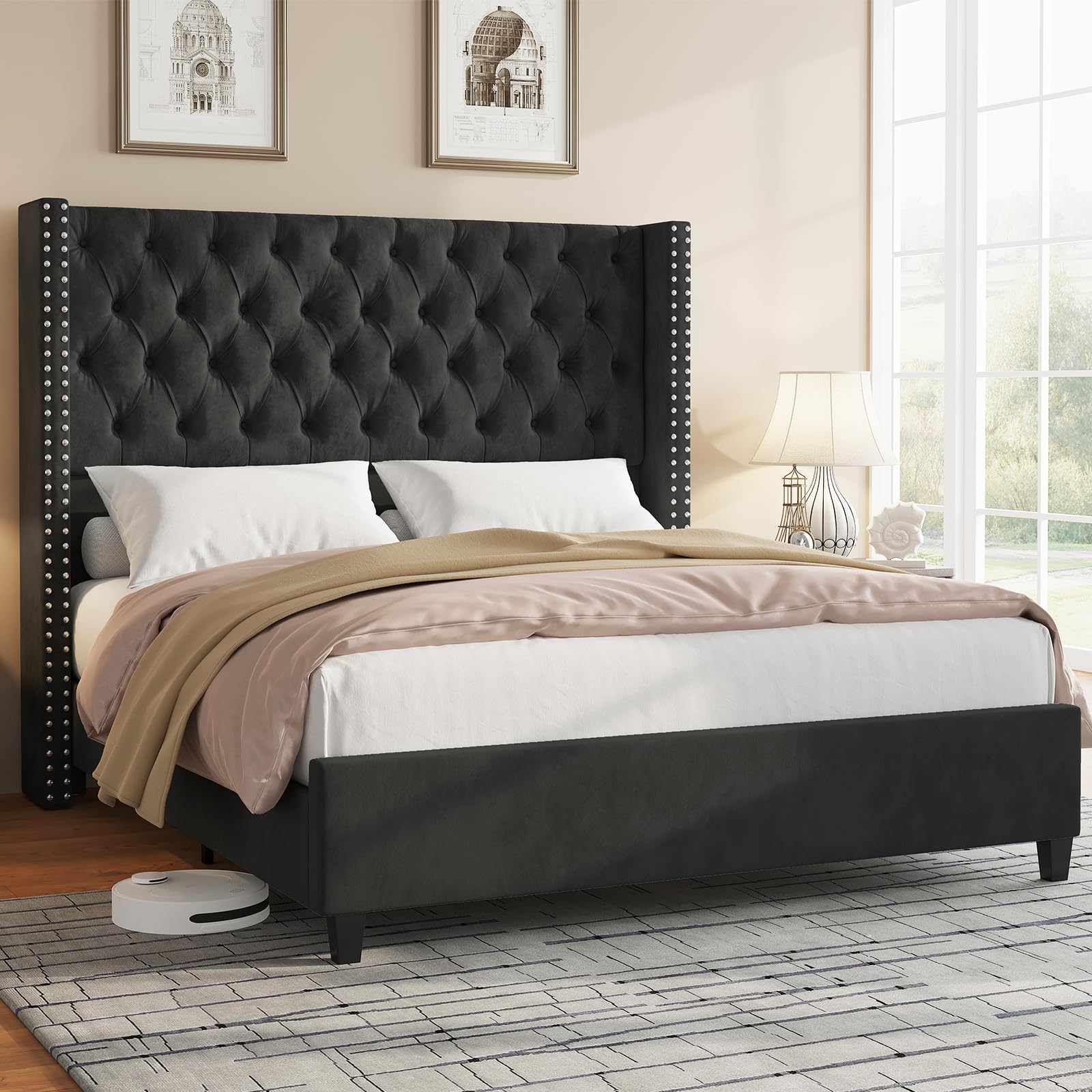 Amazon.com: Jocisland King Size Velvet Upholstered Platform Bed Frame ...