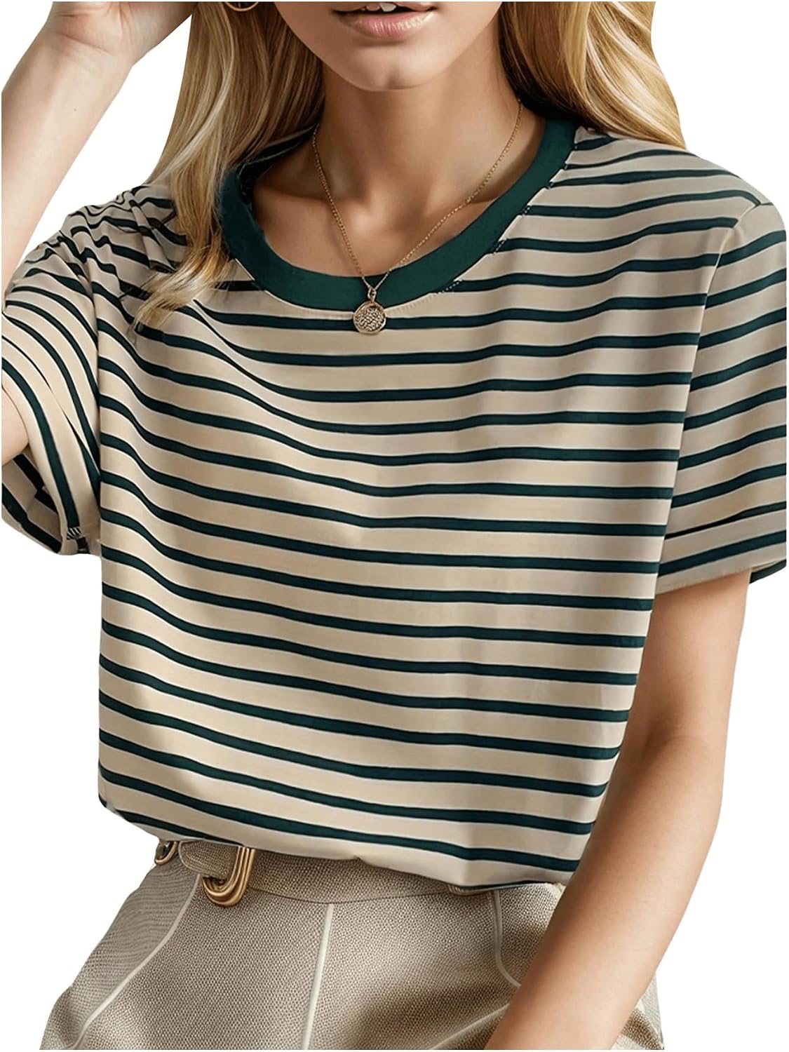 RoseSeek Women's Striped Print Round Neck T Shirts Short Sleeve Tees ...