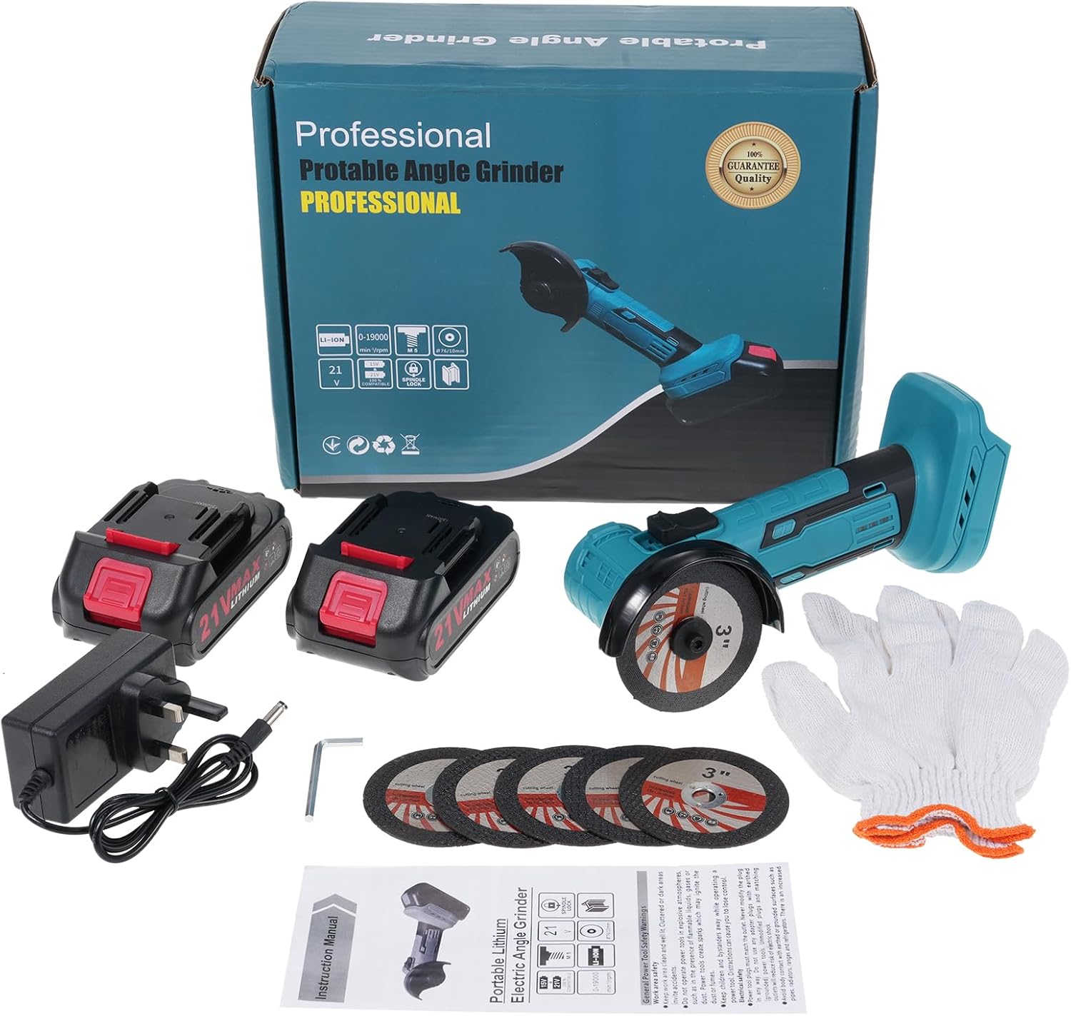 21V Cordless Angle Grinder Kit with 19000 RPM Brushless Electric Motor ...