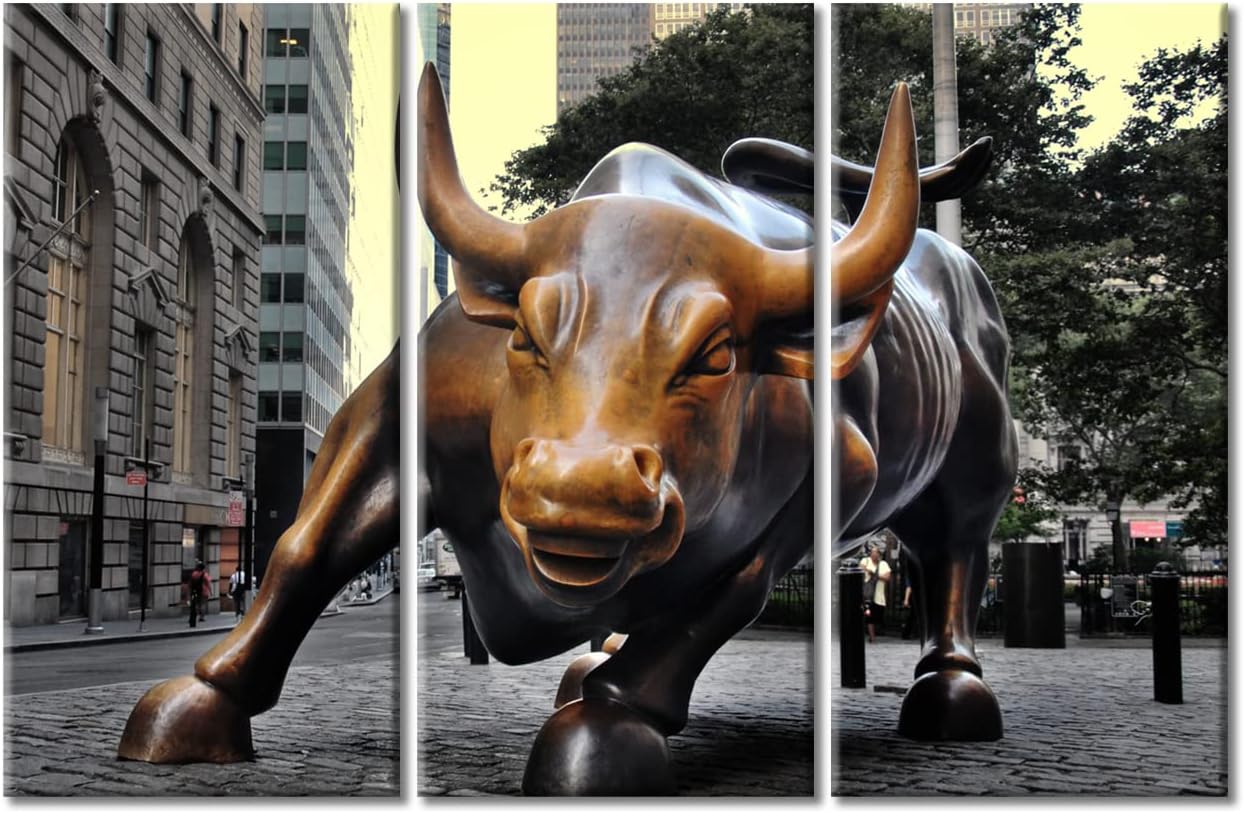 Amazon.com: 3 Panel New York Landmark Charging Wall Street Bull Black ...