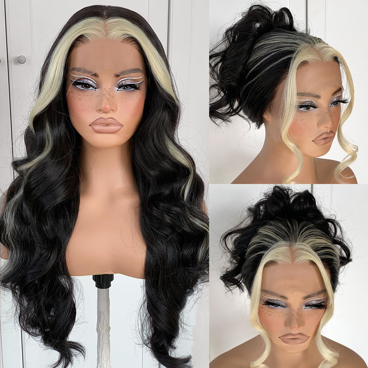 Amazon.com : MITIMES 13x6 Skunk Stripe Wig Glueless Middle Skunk Stripe ...