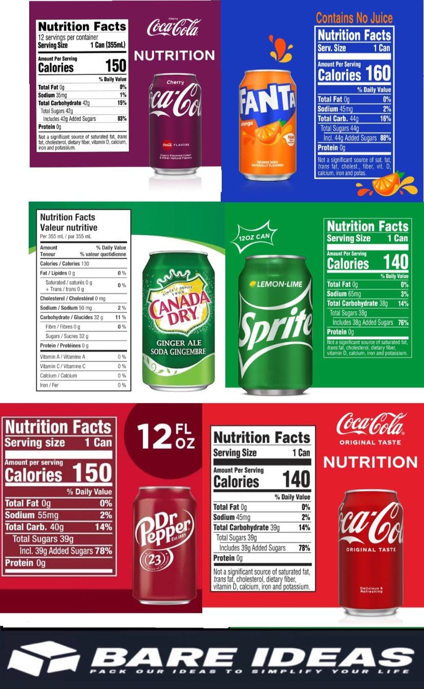 BARE IDEAS Soda Drinks Variety Pack 12 oz (Pack of 22) | 10 Flavors ...