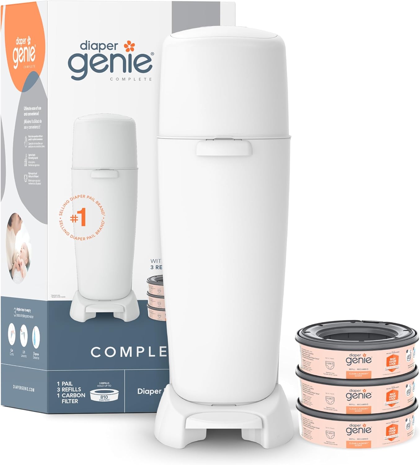 Diaper Genie Complete Pail (White) | Includes 3 Refills that hold up to ...
