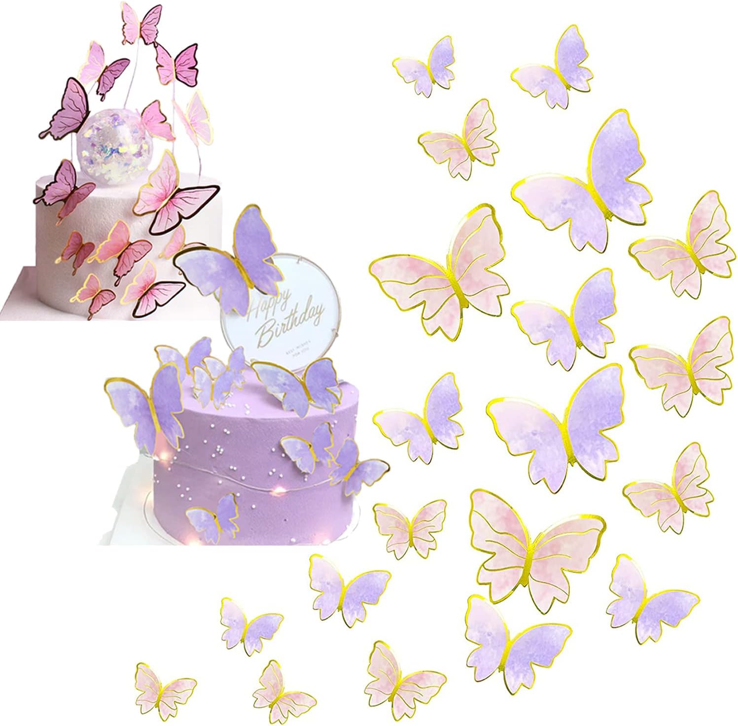 Amazon.com: 60Pcs Butterfly Cupcake Topper Pink Purple Gold, Lively 3D ...