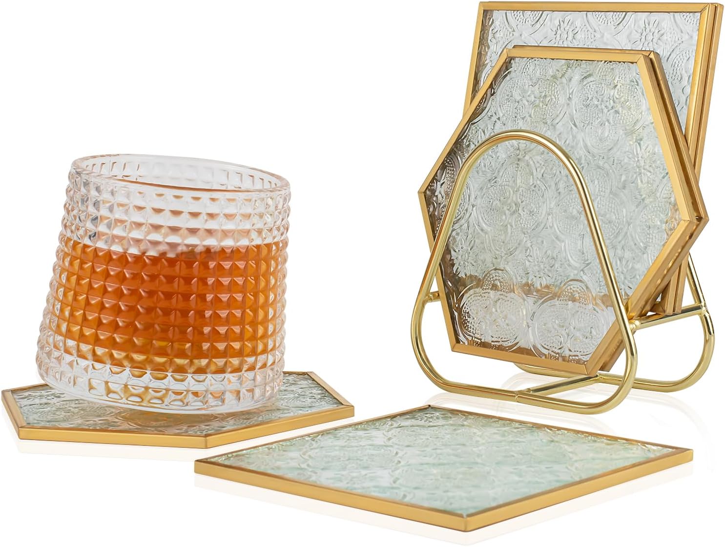 Amazon.com: Glass Gold Coasters for Drinks with Holder, 6 Pcs Cup ...