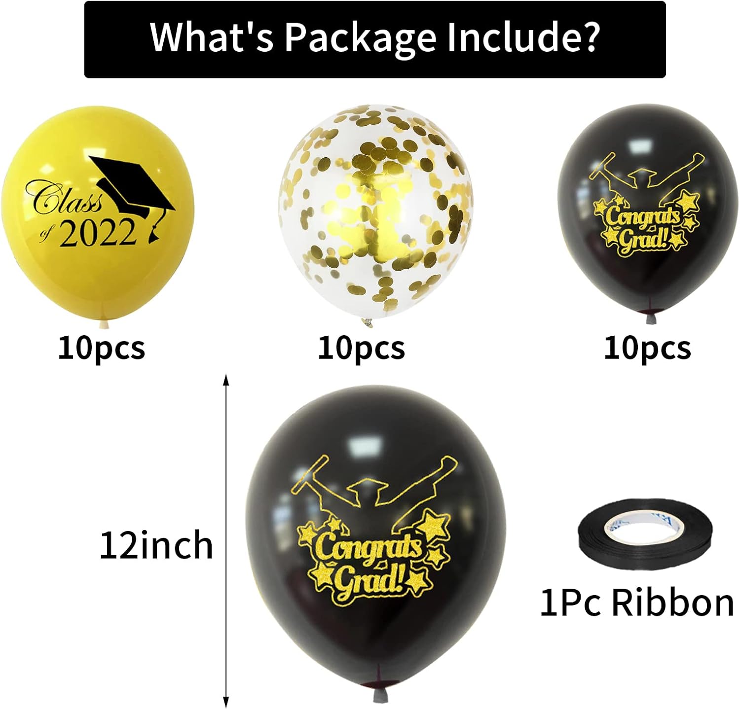 Graduation Party Balloons, 12 Inch Black Gold Congrats Grad Class of ...