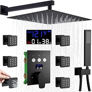 AYIVG Matte Black 12 Inch Rainfall Shower System with 6 Shut Off Body Jets Push Button Diverter ...