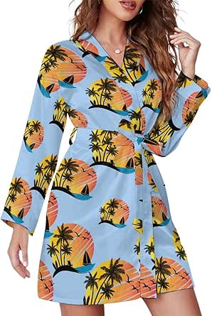 Tropical Beach Robes for Women Knee Length Long Sleeved Nightgown Spa ...