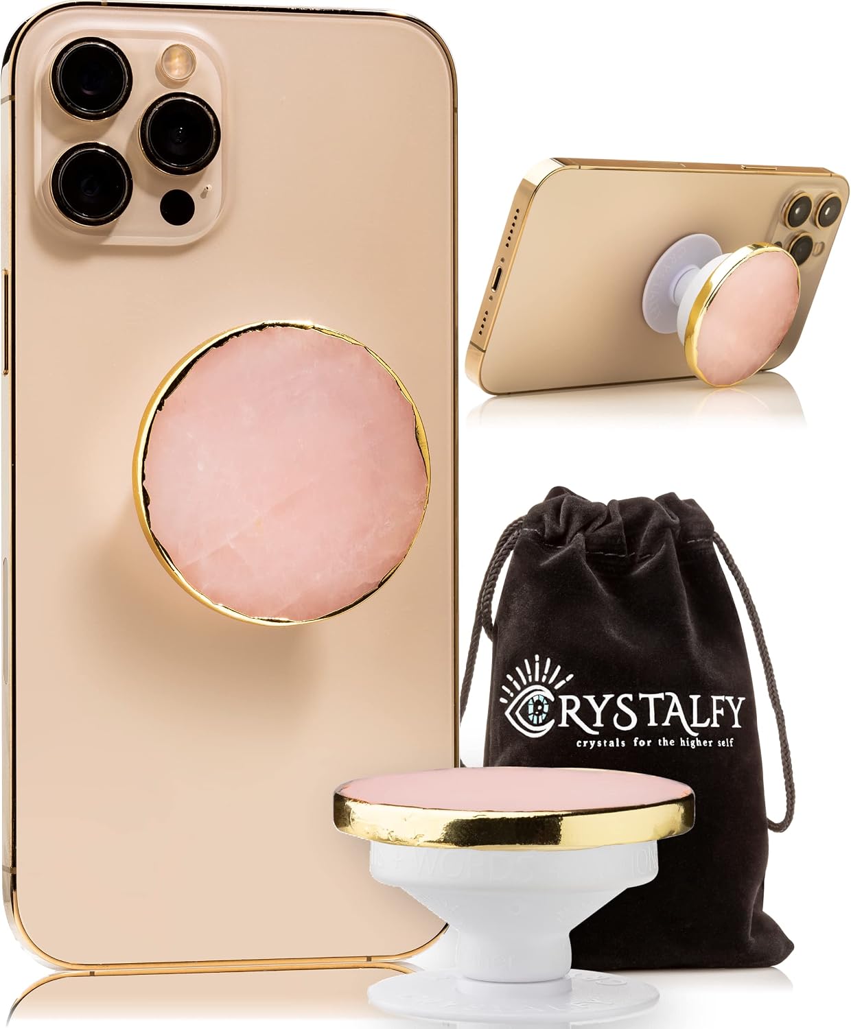 Amazon.com: Grips by CRYSTALFY Rose Quartz Round Gold Edge Crystal ...