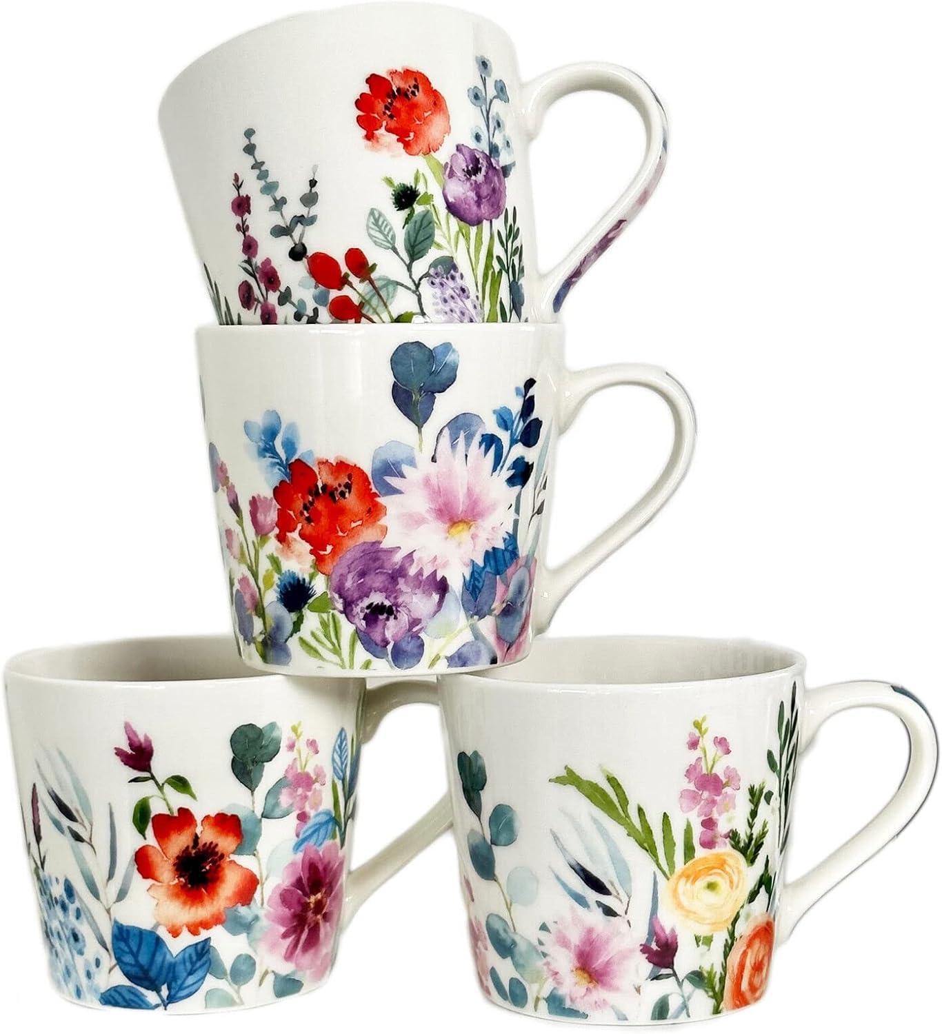 Darthome Floral Meadow Mugs Set of 4 400ml Wild Flowers White Ceramic ...
