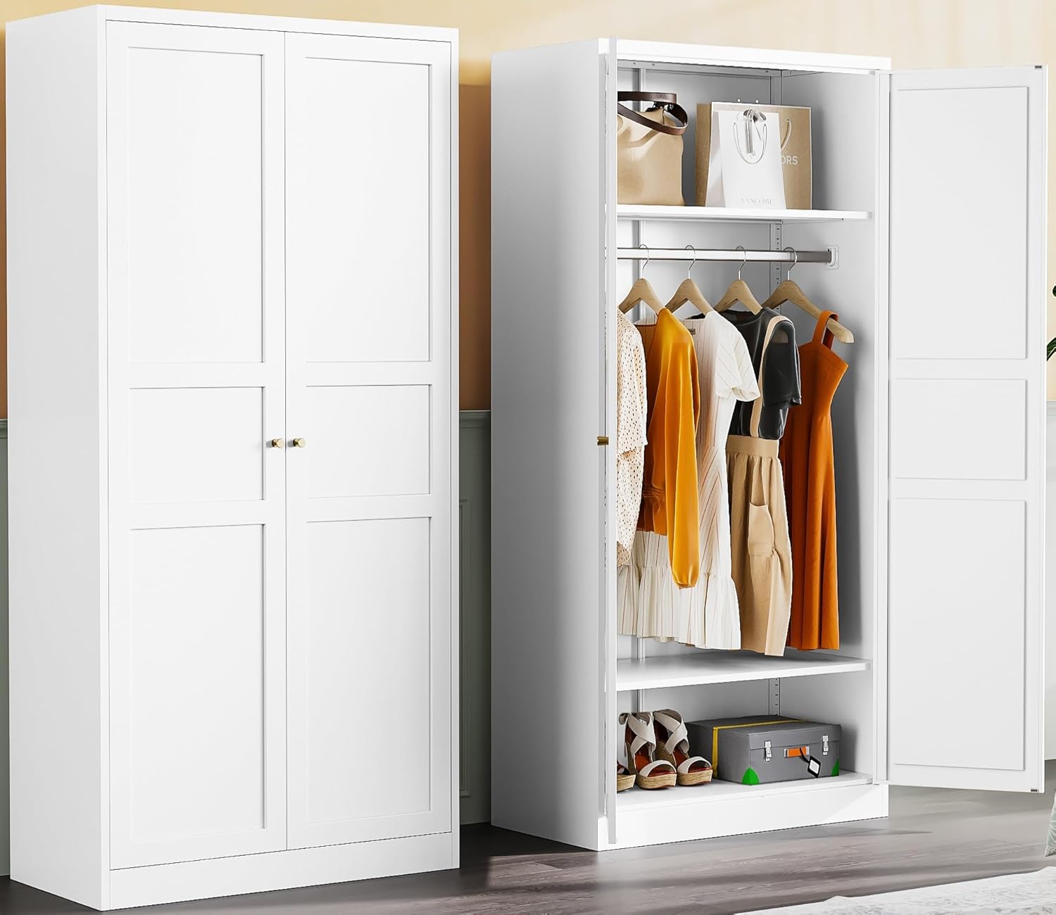 Amazon.com: Metal Wardrobe Cabinet with Hanging Rod,White Armoire ...