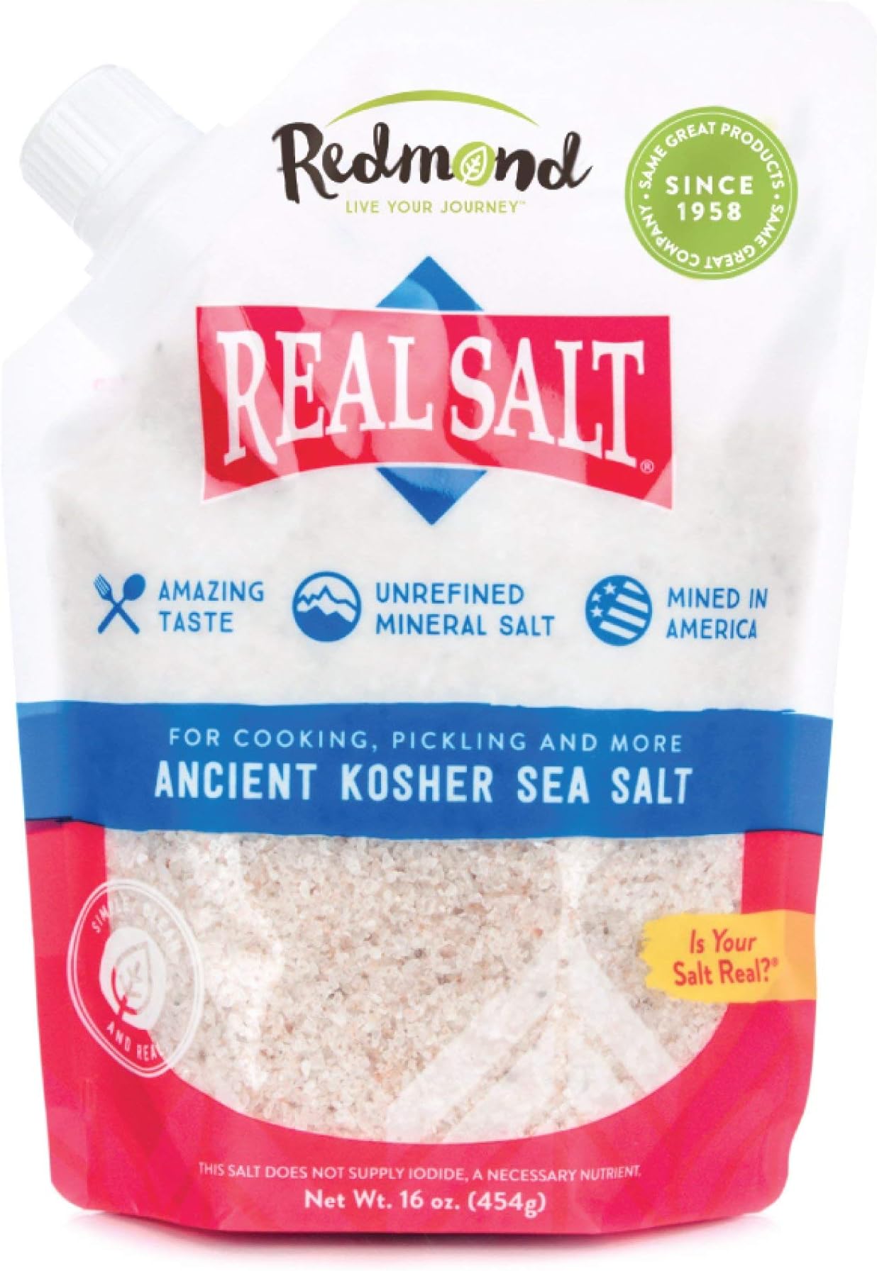 Redmond Real Salt, Nature's First Sea Salt, Kosher Salt, 16 Ounce Pouch ...