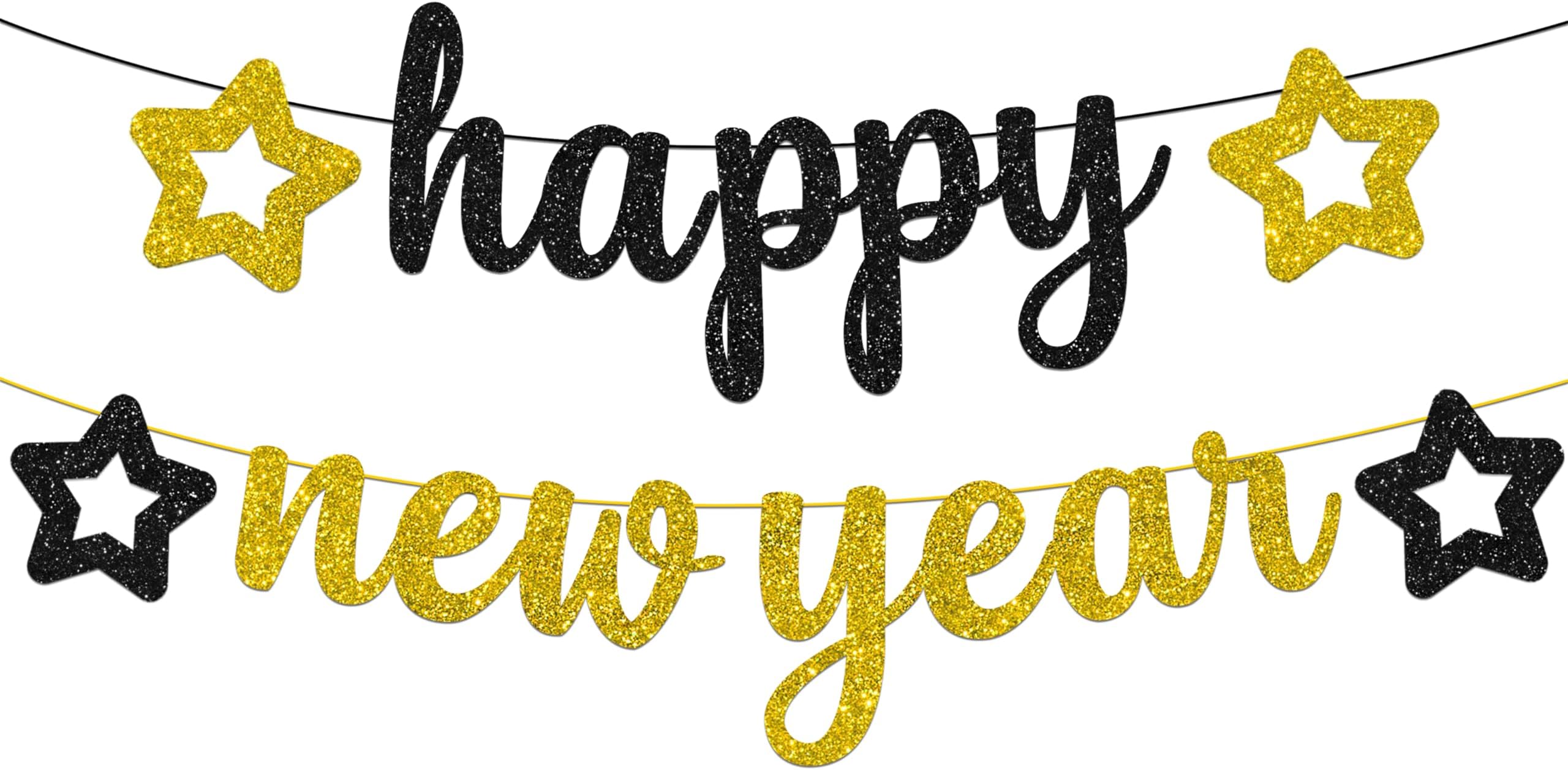 Amazon.com: Happy New Year Banner and Copper Wire Lights Gold Glitter ...