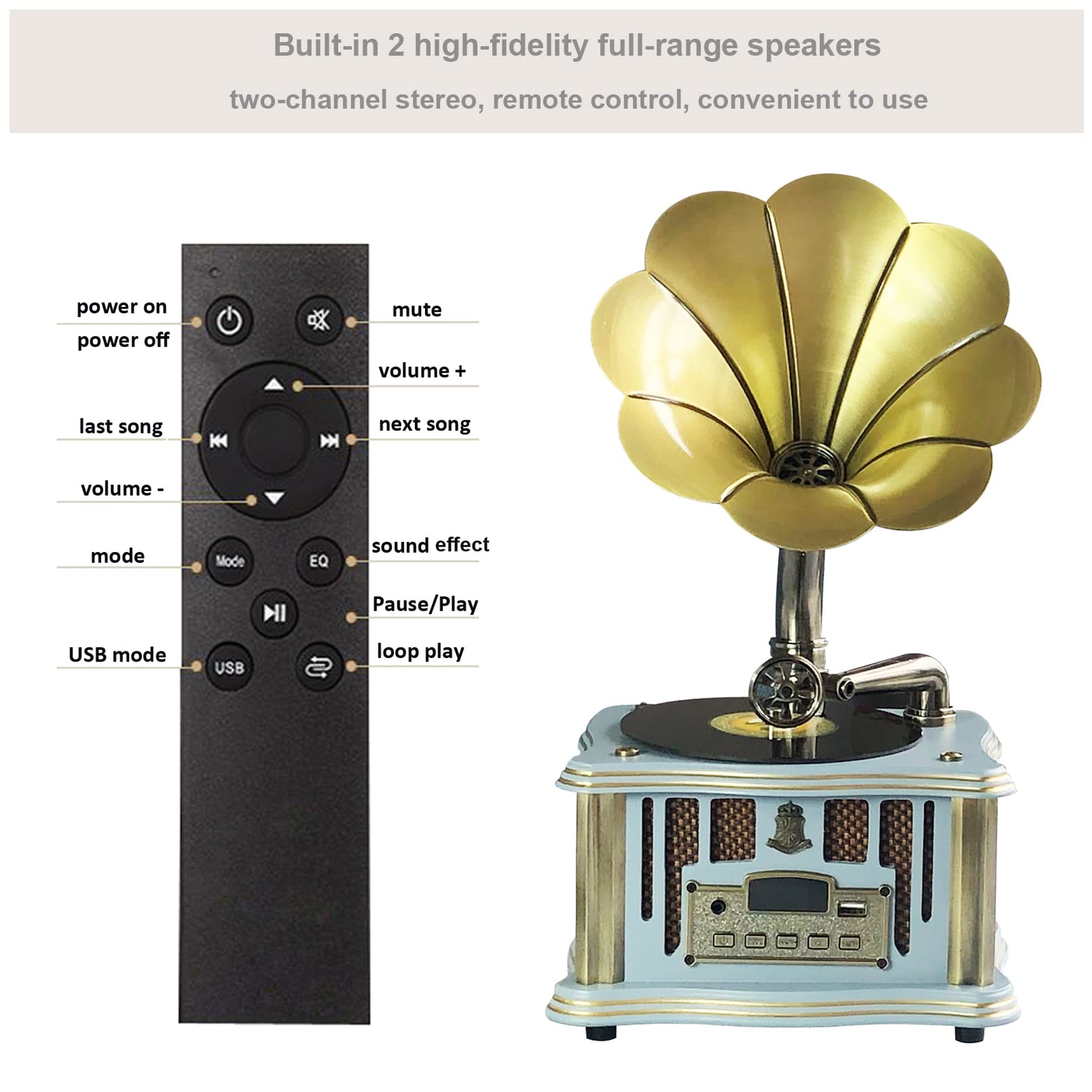 Mini Phonograph Bluetooth Stereo Speaker, Artisam Retro Remote Control ...