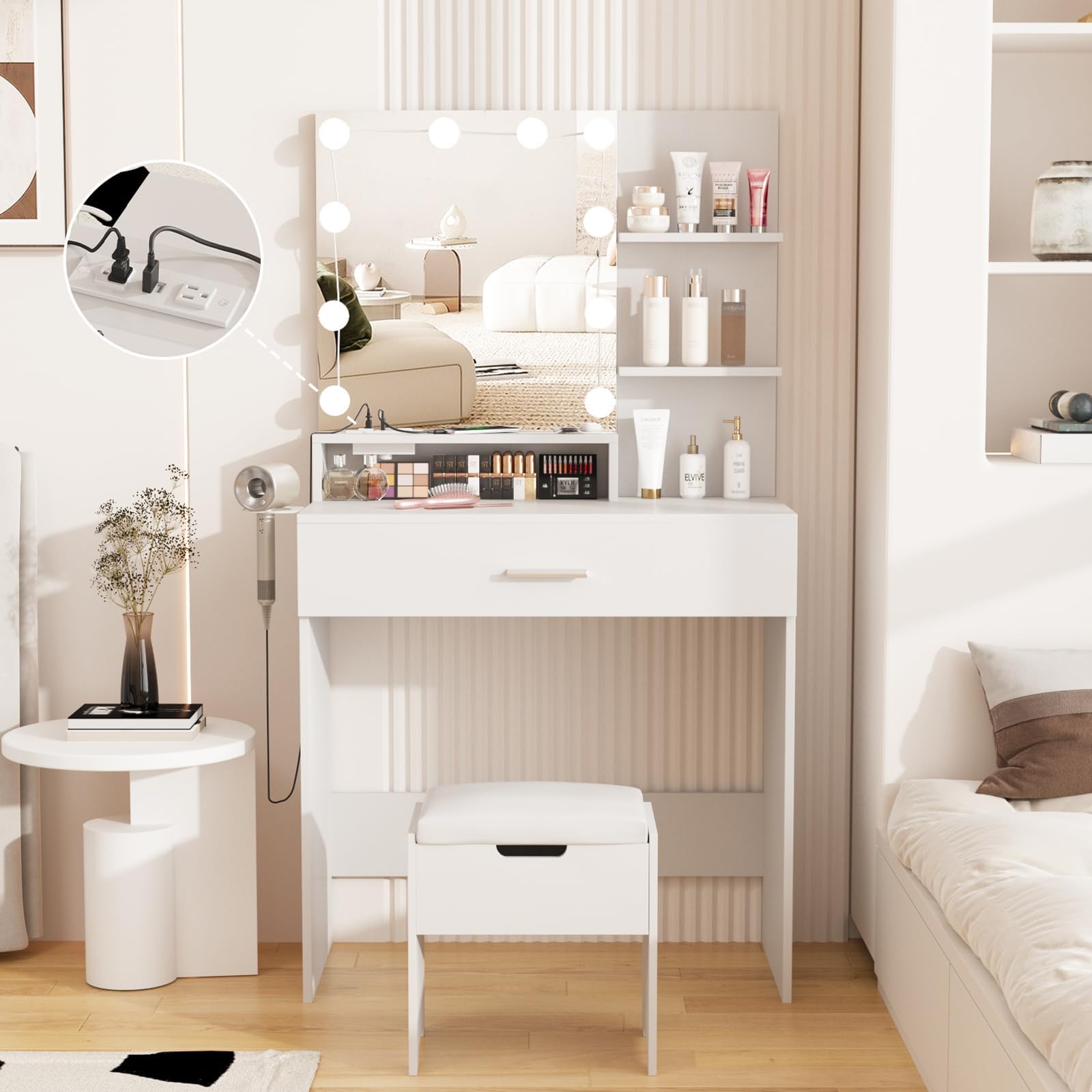 Amazon.com: Fameill Makeup Vanity Table with Lighted Mirror & Charging ...