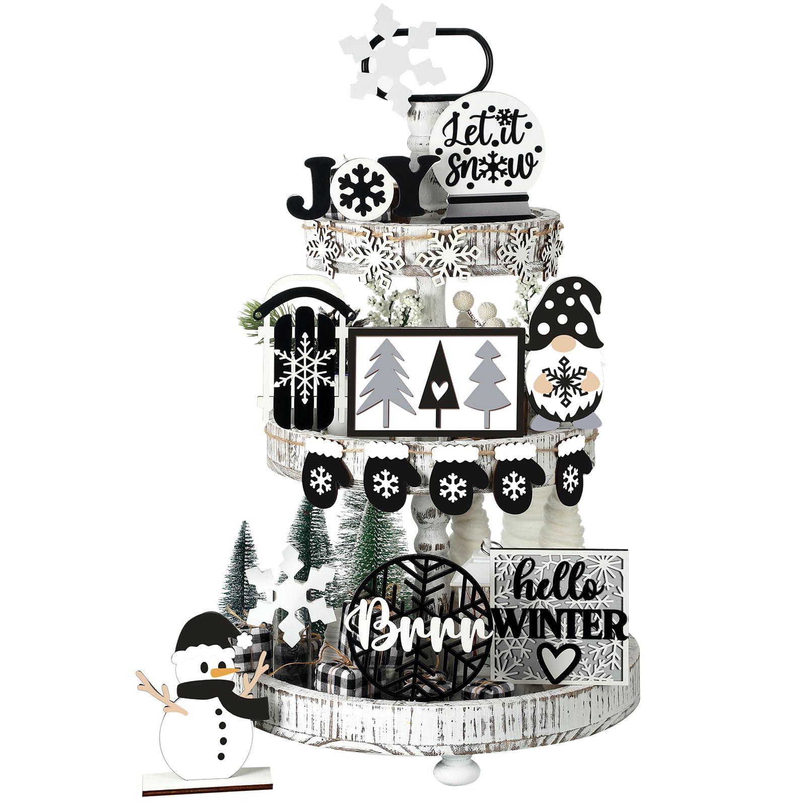 20 Pcs Winter Tiered Tray Decor Snowflake Snowman Wooden Signs Gnome ...