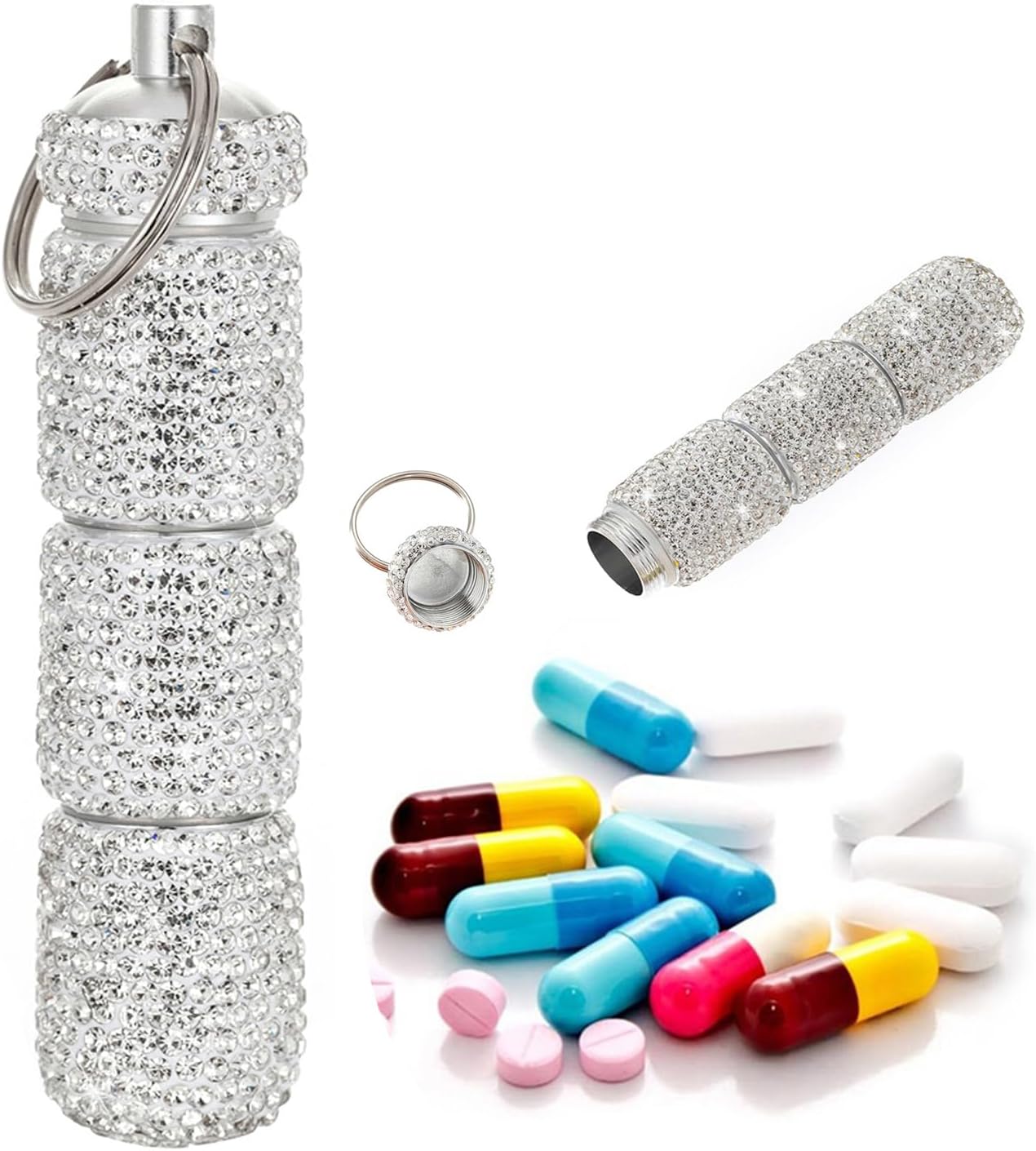Bling Portable Pill Case with Keychain，Bling Rhinestone Small Fancy ...