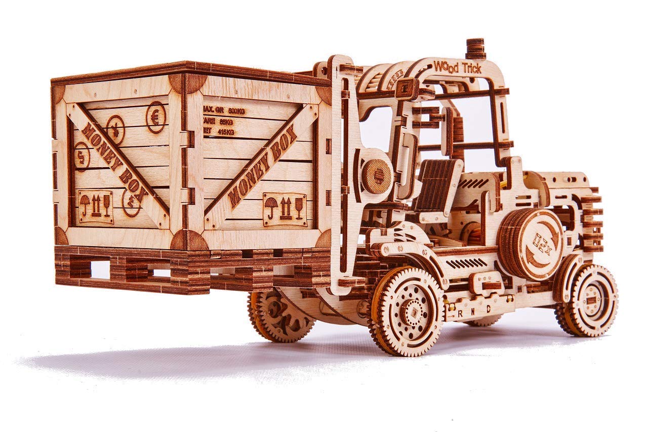 Wood Trick Forklift Toy Set + Money Box, Forklift Truck with Pallet ...