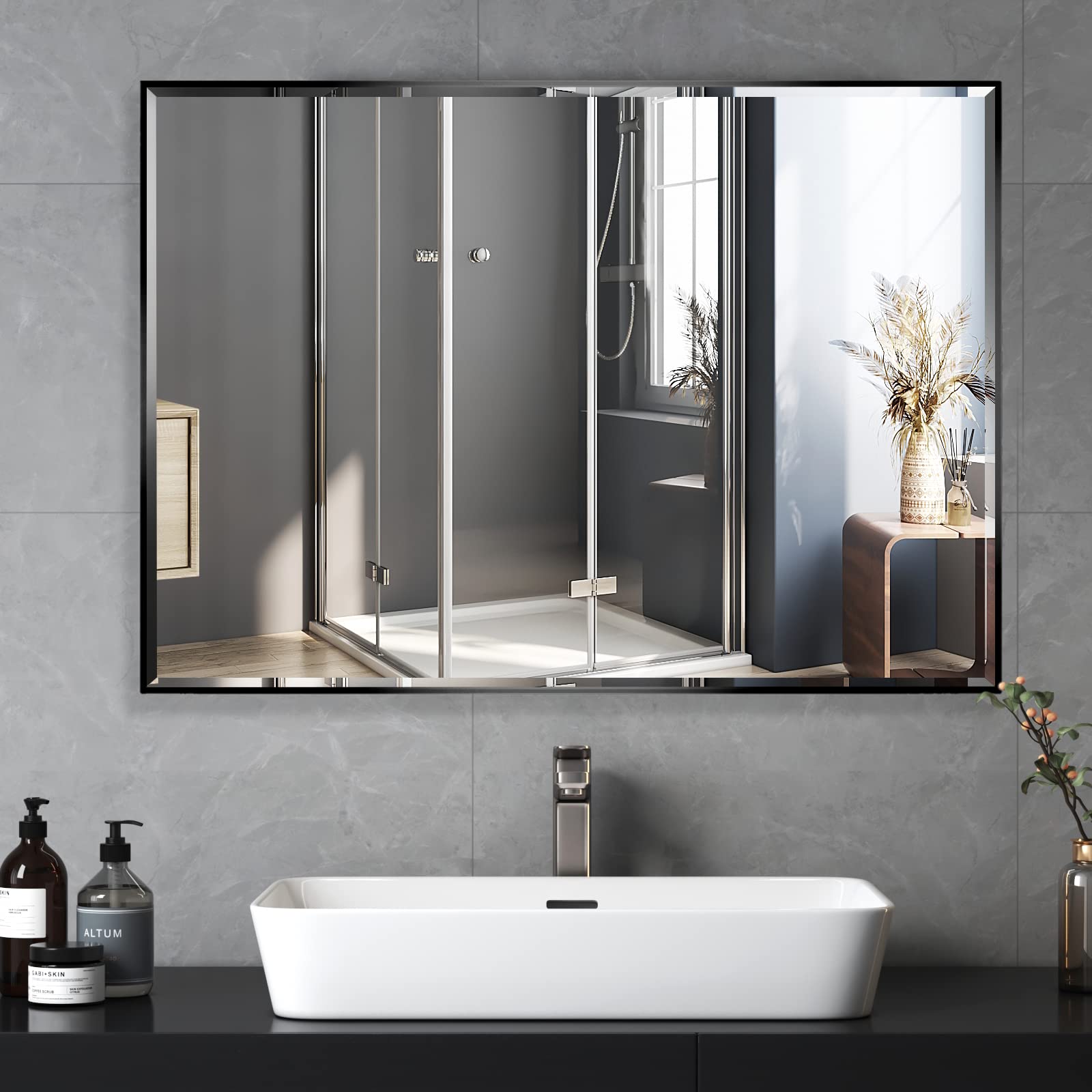 LEDLUX 24x32 Inch Black Mirror with Beveled Trim, Aluminum Frame ...